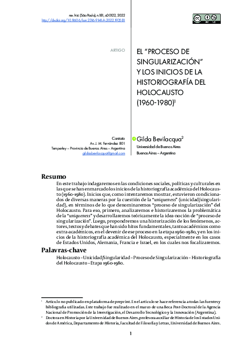 (PDF) El “proceso de singularización” y los inicios de la ...