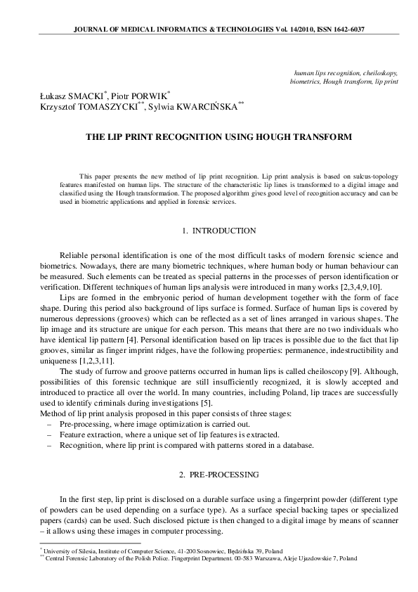 (PDF) The Lip Print Recognition Using Hough Transform