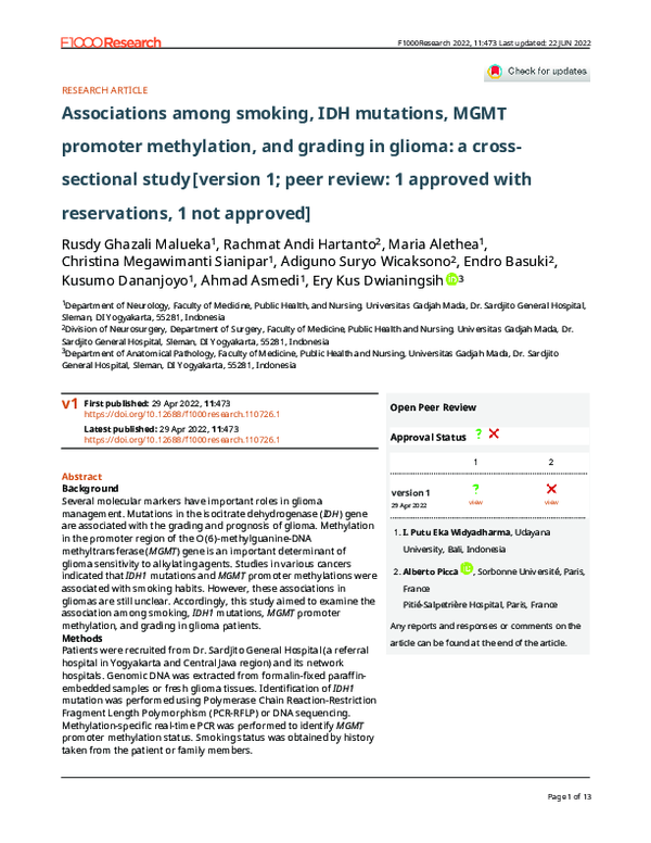 (PDF) Associations among smoking, IDH mutations, MGMT promoter methylation, and grading in ...