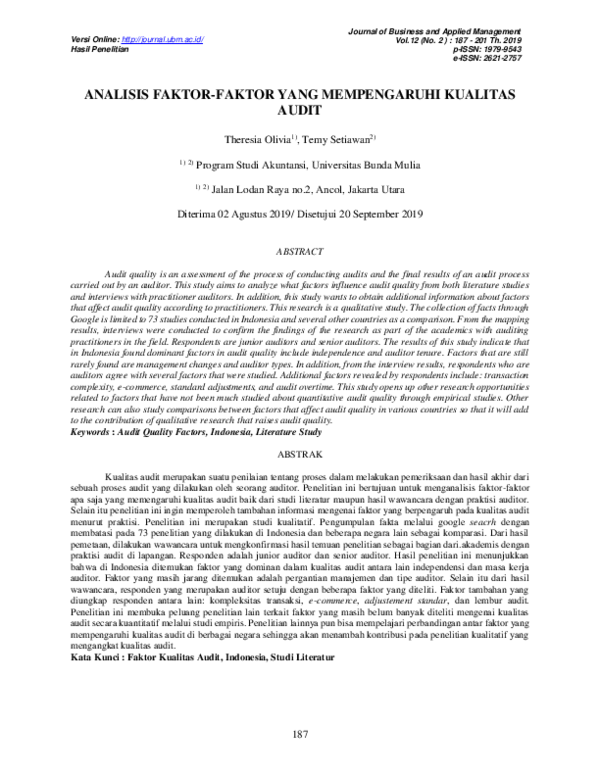 (PDF) Analisis Faktor-Faktor Yang Mempengaruhi Kualitas Audit