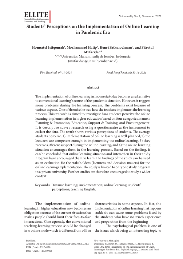(PDF) Students’ Perceptions on the Implementation of Online Learning in Pandemic Era
