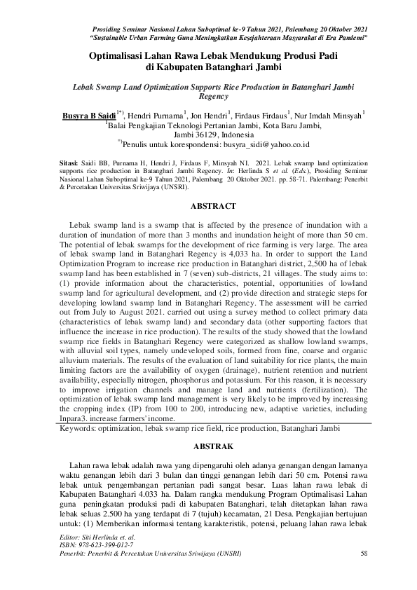 (PDF) Optimalisasi Lahan Rawa Lebak Mendukung Produsi Padi di Kabupaten Batanghari Jambi