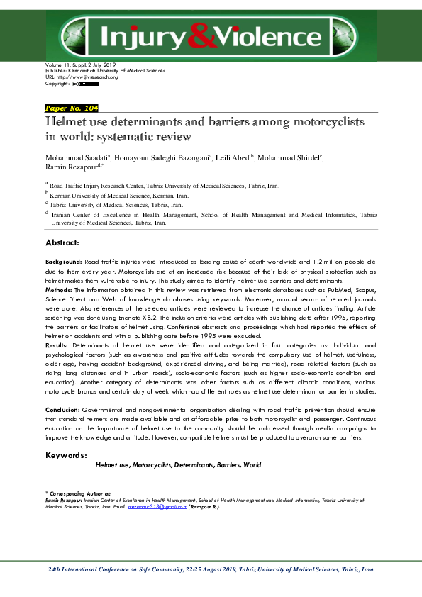 (PDF) Helmet use determinants and barriers among motorcyclists in world: Systematic review