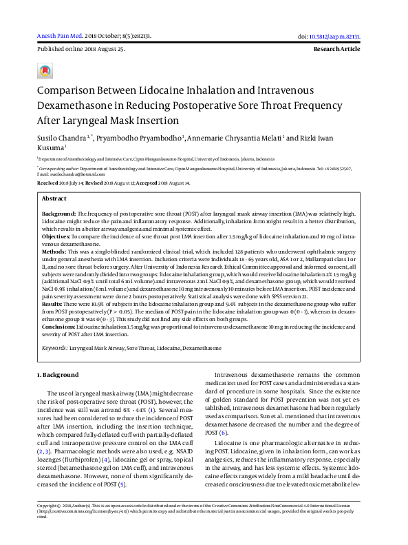 (PDF) Comparison Between Lidocaine Inhalation and Intravenous Dexamethasone in Reducing ...