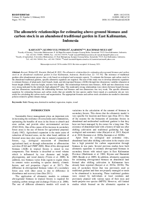 (PDF) The allometric relationships for estimating above-ground biomass and carbon stock in an ...