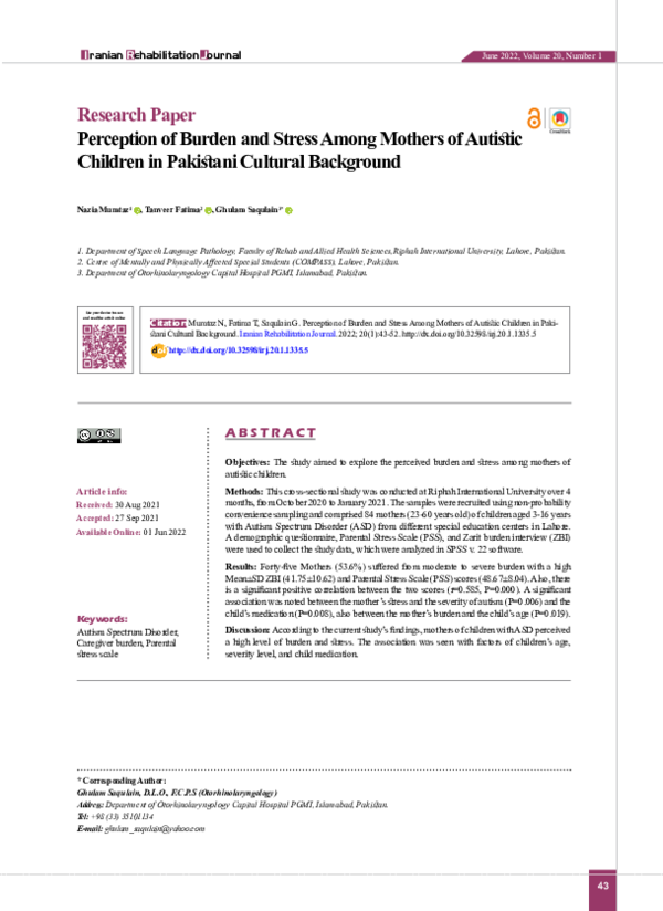 (PDF) Perception of Burden and Stress Among Mothers of Autistic ...