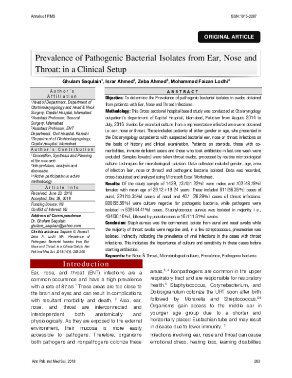 (PDF) Prevalence of Pathogenic Bacterial Isolates from Ear, Nose and ...