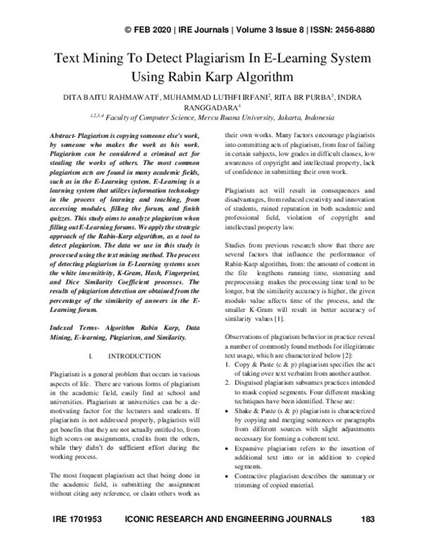 Pdf Text Mining To Detect Plagiarism In E Learning System Using Rabin Karp Algorithm Indra