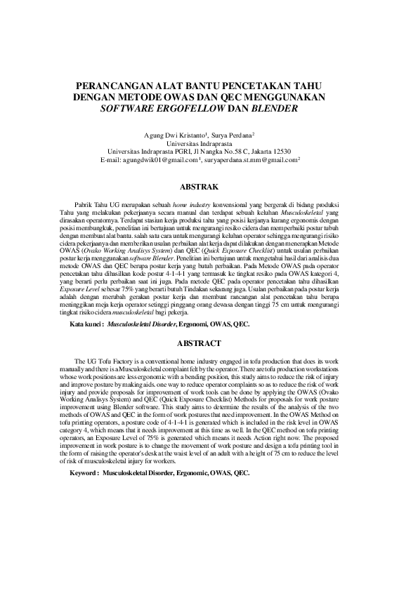 (PDF) PERANCANGAN ALAT BANTU PENCETAKAN TAHU DENGAN METODE OWAS DAN QEC ...