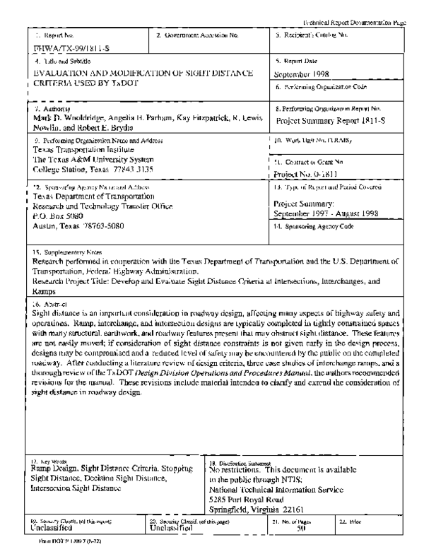 (PDF) Evaluation and Modification of Sight Distance Criteria Used by Txdot