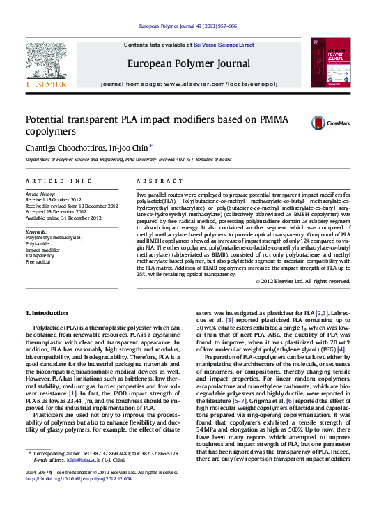 (PDF) Potential transparent PLA impact modifiers based on PMMA copolymers