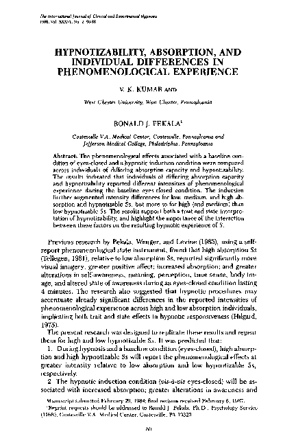 (PDF) Hypnotizability, Absorption, and Individual Differences in Phenomenological Experience