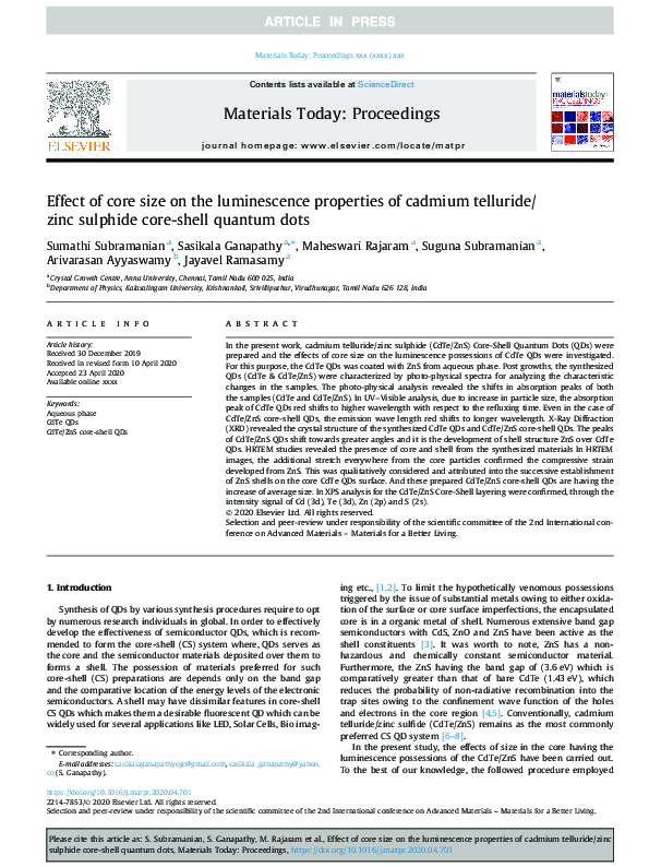Pdf Effect Of Core Size On The Luminescence Properties Of Cadmium Telluride Zinc Sulphide Core