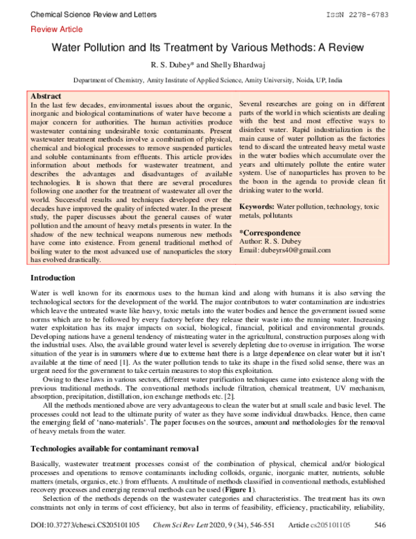 (PDF) Water Pollution and Its Treatment by Various Methods: A Review