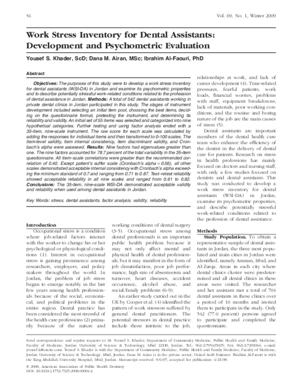 (PDF) Dental Assistants' Work Stress Inventory in Jordan