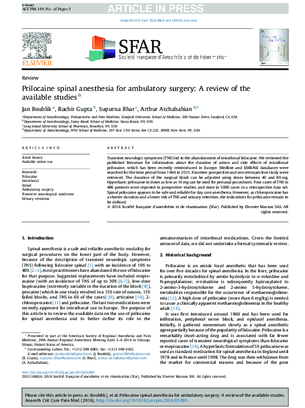 (PDF) Prilocaine spinal anesthesia for ambulatory surgery: A review of ...