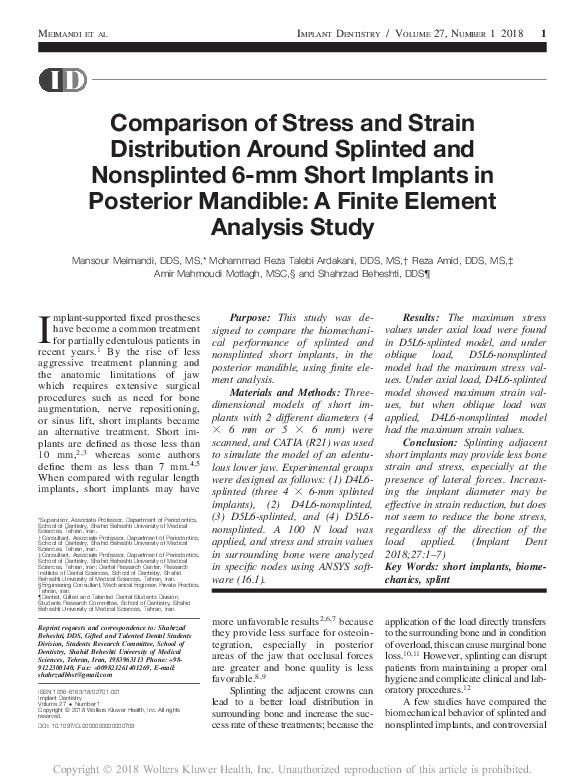 Pdf Comparison Of Stress And Strain Distribution Around Splinted And Nonsplinted 6 Mm Short