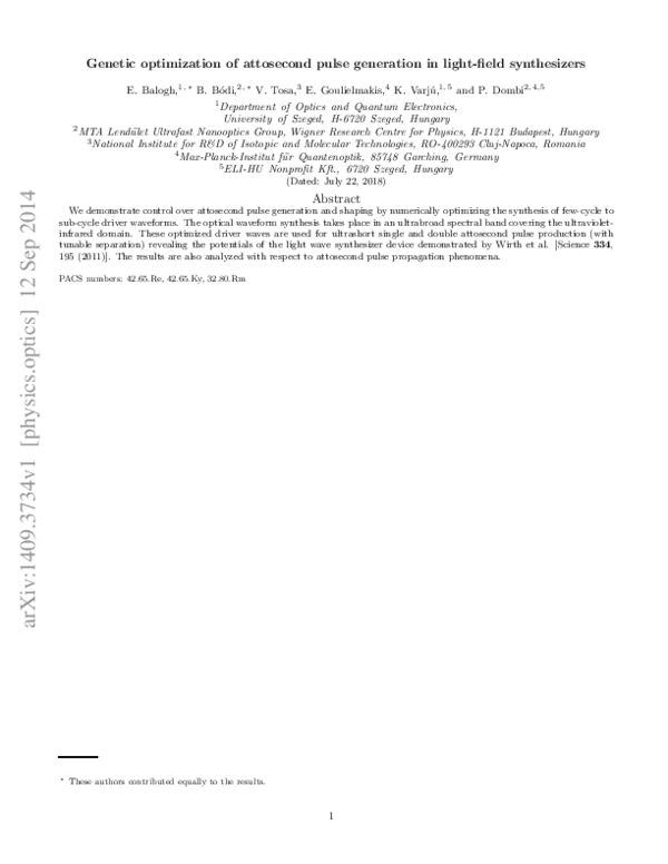 Pdf Genetic Optimization Of Attosecond Pulse Generation In Light Field Synthesizers