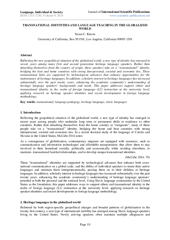 (PDF) Transnational Identities and Language Teaching in the Globalized ...