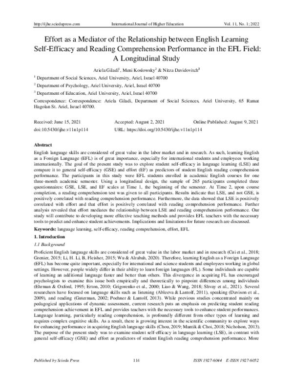 (PDF) Effort as a Mediator of the Relationship between English Learning Self-Efficacy and ...