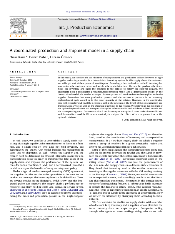 (PDF) A coordinated production and shipment model in a supply chain
