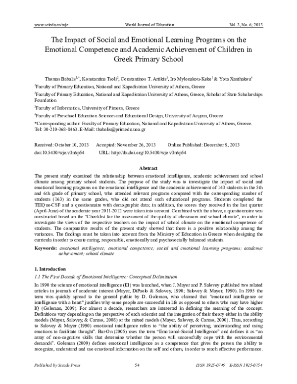 (PDF) The Impact of Social and Emotional Learning Programs on the ... (PDF) The Impact of Social and Emotional Learning Programs on the ...