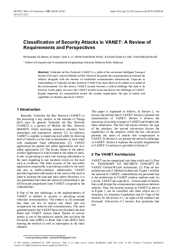 Pdf Classification Of Security Attacks In Vanet A Review Of