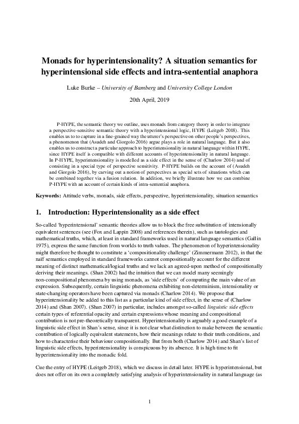 (PDF) Monads for hyperintensionality? A situation semantics for hyperintensional side effects