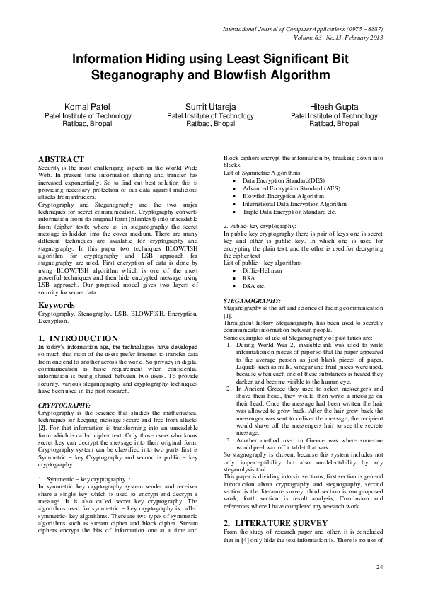 (PDF) Information Hiding using Least Significant Bit Steganography and Blowfish Algorithm