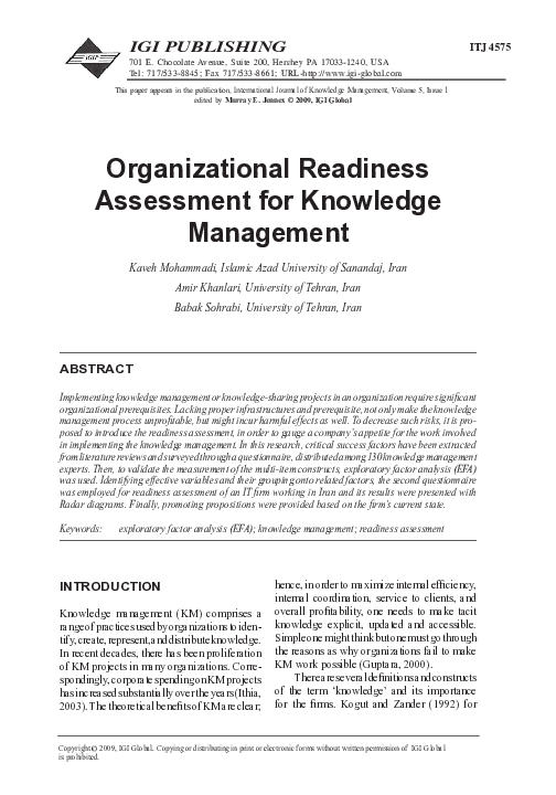 (PDF) Organizational Readiness Assessment for Knowledge Management | Amir Khanlari - Academia.edu