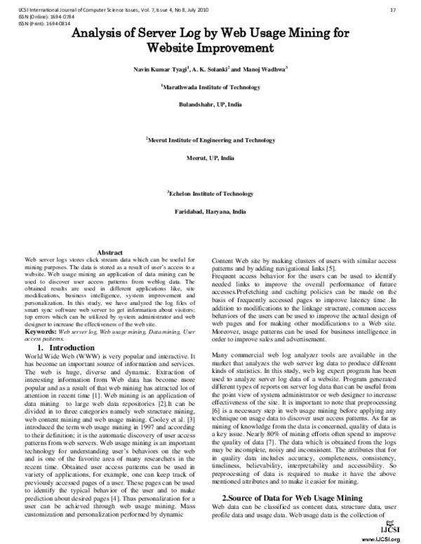 Pdf Analysis Of Server Log By Web Usage Mining For Website Improvement