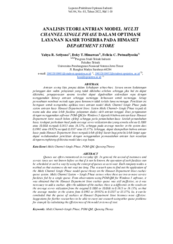 (PDF) ANALISIS TEORI ANTRIAN MODEL MULTI CHANNEL SINGLE PHASE DALAM ...
