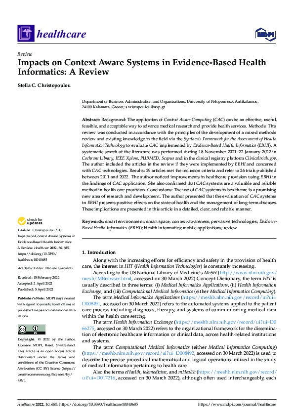 (PDF) Impacts on Context Aware Systems in Evidence-Based Health Informatics: A Review