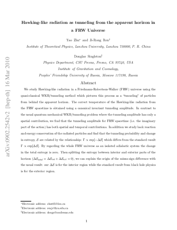 (PDF) Hawking-Like Radiation as Tunneling from the Apparent Horizon in ...