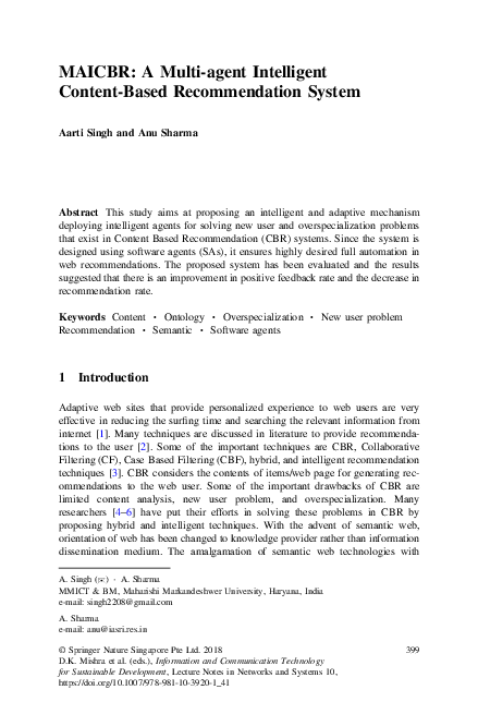 (PDF) MAICBR: A Multi-agent Intelligent Content-Based Recommendation System