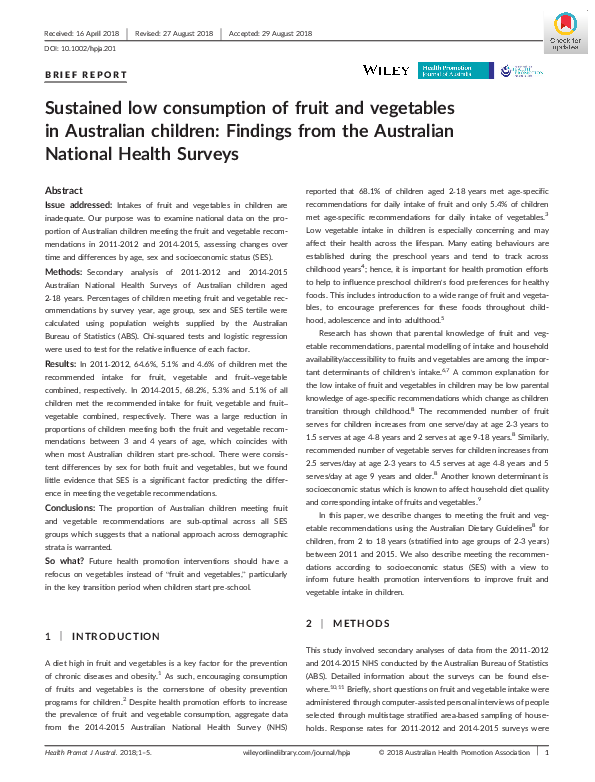 (PDF) Sustained low consumption of fruit and vegetables in Australian ...