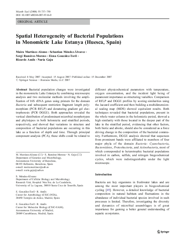 (PDF) Spatial Heterogeneity of Bacterial Populations in Monomictic Lake Estanya (Huesca, Spain)