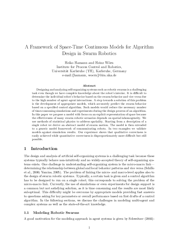 (PDF) A framework of space–time continuous models for algorithm design in swarm robotics