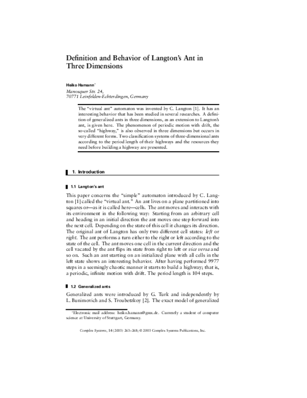 (PDF) Definition and Behavior of Langton's Ant in Three Dimensions