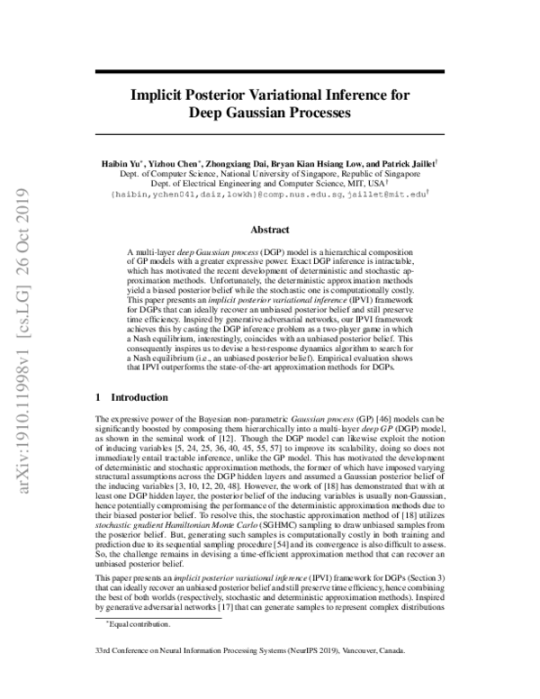 Pdf Implicit Posterior Variational Inference For Deep Gaussian Processes Yizhou Chen 