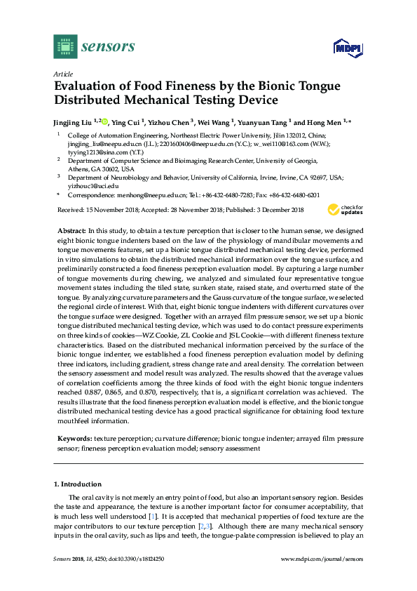 (PDF) Evaluation of Food Fineness by the Bionic Tongue Distributed ...