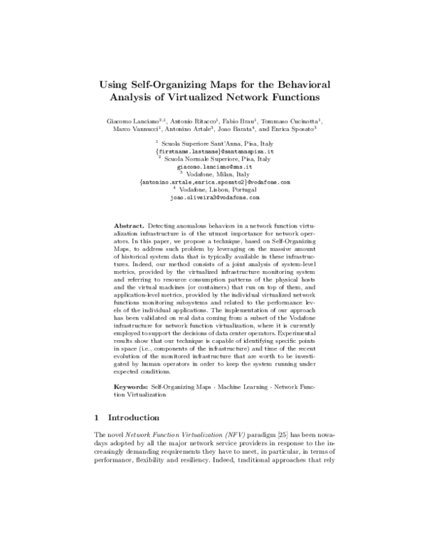 Pdf Using Self Organizing Maps For The Behavioral Analysis Of Virtualized Network Functions