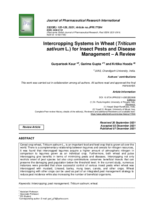 (PDF) Intercropping Systems in Wheat (Triticum sativum L.) for Insect Pests and Disease ...