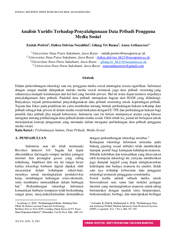 (PDF) Analisis Yuridis Terhadap Penyalahgunaan Data Pribadi Pengguna Media Sosial