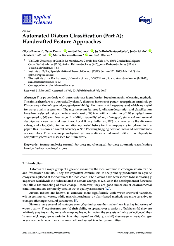 (PDF) Automated Diatom Classification (Part A): Handcrafted Feature Approaches