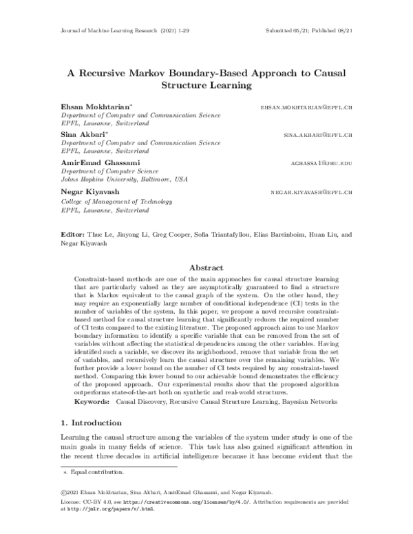 Pdf A Recursive Markov Boundary Based Approach To Causal Structure Learning