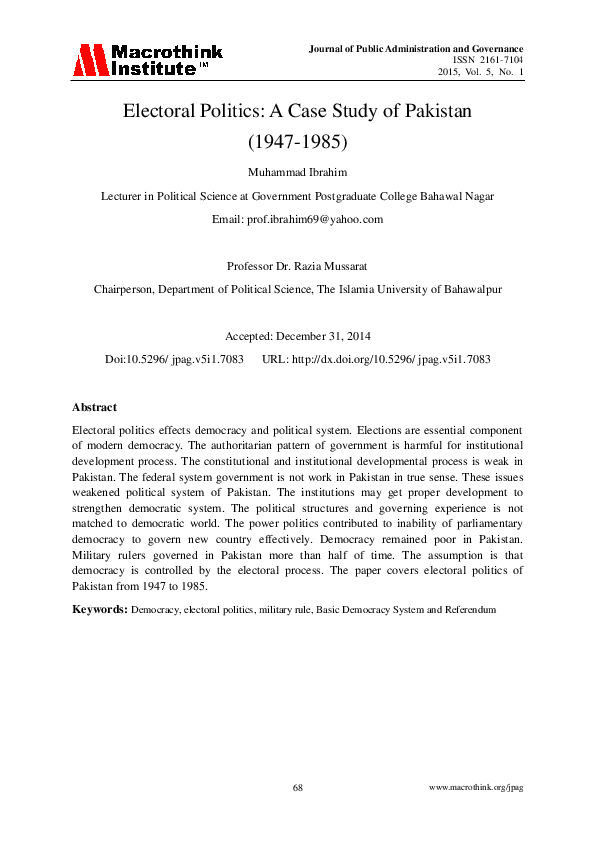(PDF) Electoral Politics: A Case Study of Pakistan (1947-1985)