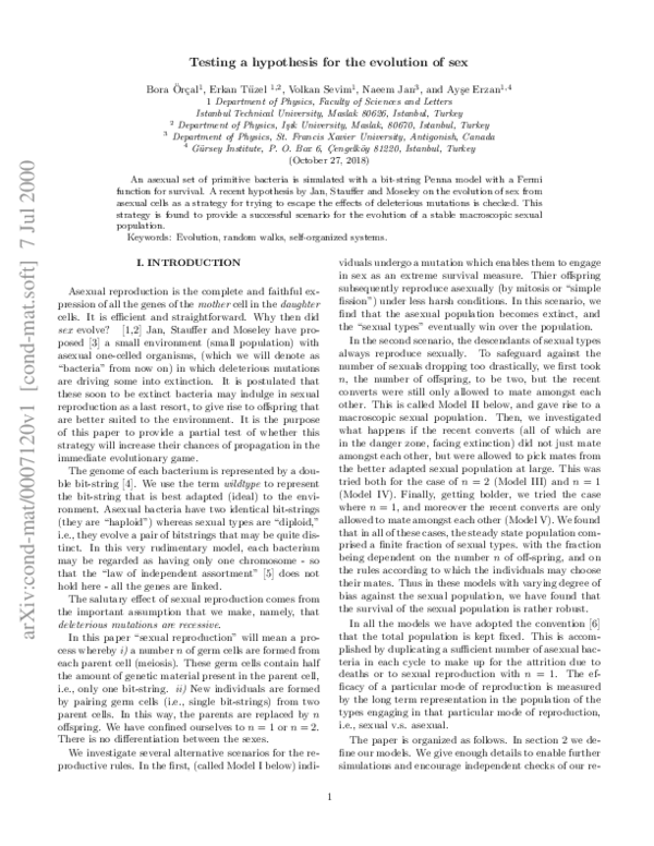 Pdf Testing A Hypothesis For The Evolution Of Sex