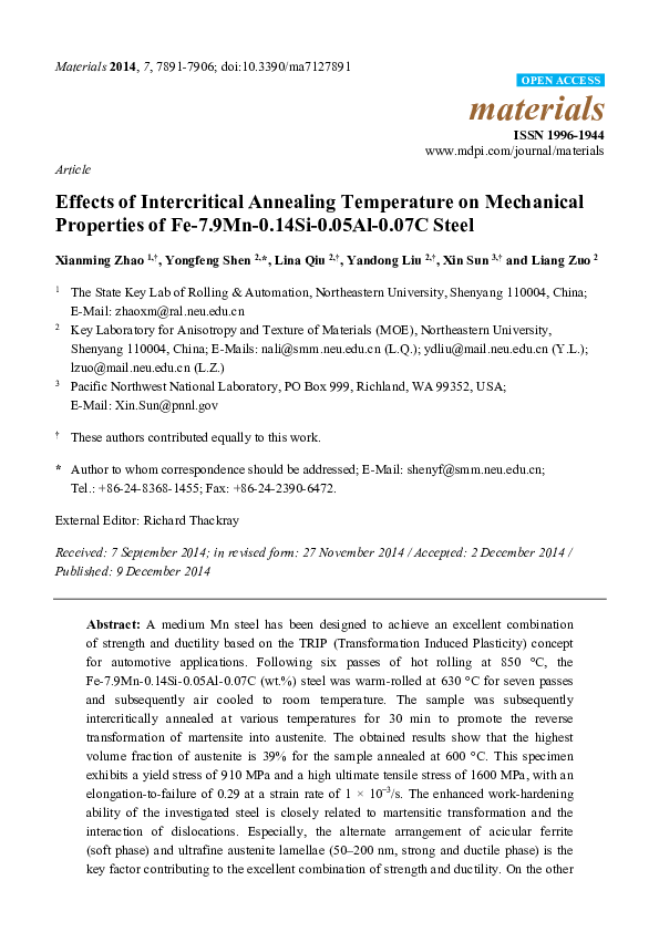 (PDF) Effects of Intercritical Annealing Temperature on Mechanical Properties of Fe-7.9Mn-0.14Si ...