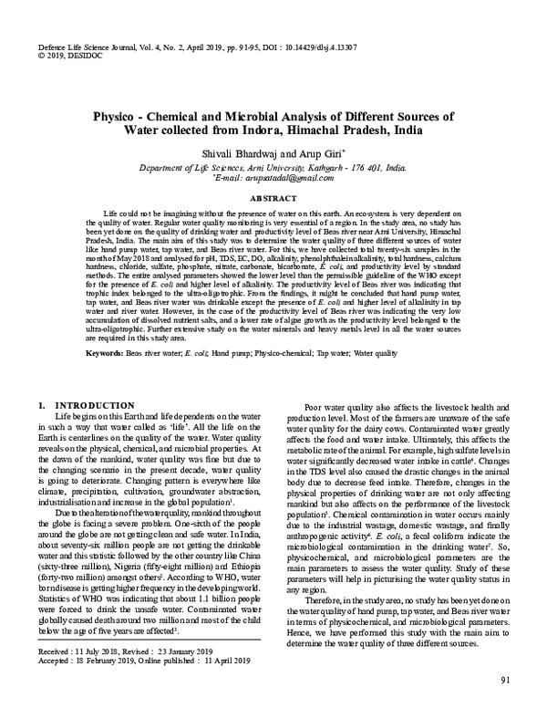 (PDF) Physico Chemical and Microbial Analysis of Different Sources of Water collected from ...
